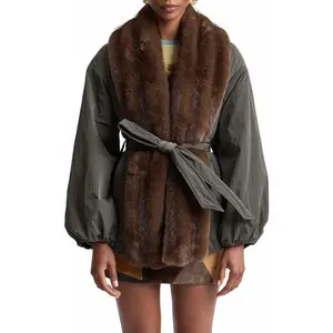 Avec Les Filles Balloon Belted Puffer Coat With Faux Fur Trim - Dark Forest/mink