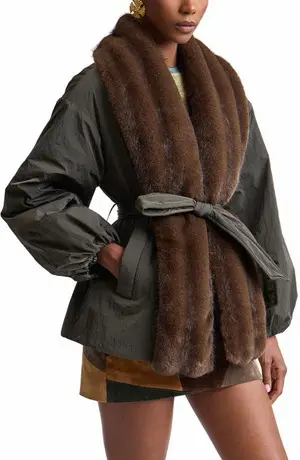 Avec Les Filles Balloon Belted Puffer Coat With Faux Fur Trim