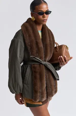Avec Les Filles Balloon Belted Puffer Coat With Faux Fur Trim