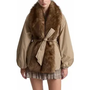 Avec Les Filles Balloon Belted Puffer Coat With Faux Fur Trim - Sand/brown