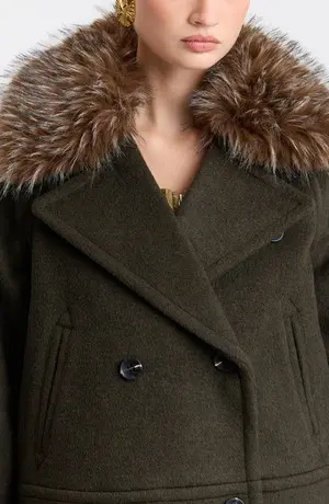 Avec Les Filles Faux Fur Collar Cropped Peacoat