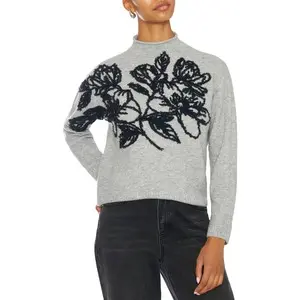 Vince Camuto Floral Embroidered Mock Neck Sweater - Light Heather Grey