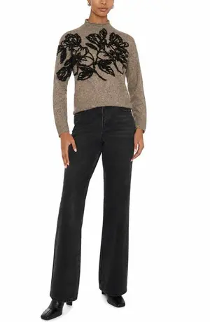 Vince Camuto Floral Embroidered Mock Neck Sweater - Medium Brown