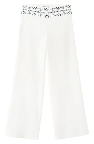 Mango Embroidered Wide Leg Trousers - Off White