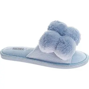 Badgley Mischka Women’s Plush Pom-pom Slippers Cozy Open-toe Slide House Shoes - Blue