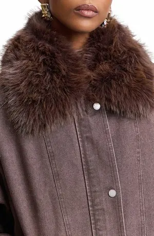 Avec Les Filles Oversized Faux Fur Collar Denim Bomber Jacket