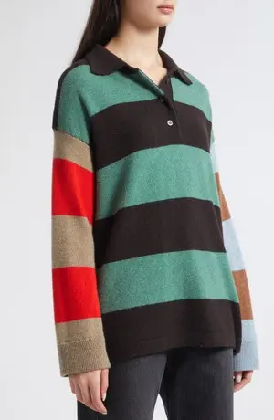 &daughter Torin Colorblock Stripe Long Sleeve Lambswool Polo Sweater