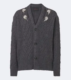 Simone Rocha Cable-knit Embellished Virgin Wool Cardigan - Grey