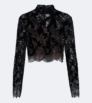 Costarellos Isaline Embellished Velvet And Lace Crop Top - Black