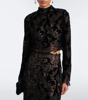 Costarellos Isaline Embellished Velvet And Lace Crop Top