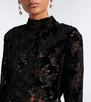 Costarellos Isaline Embellished Velvet And Lace Crop Top