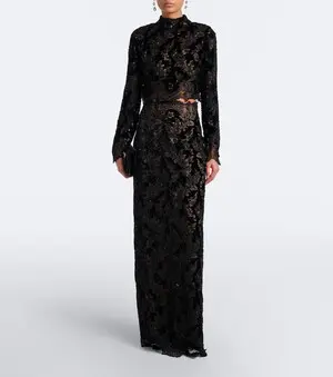 Costarellos Isaline Embellished Velvet And Lace Crop Top