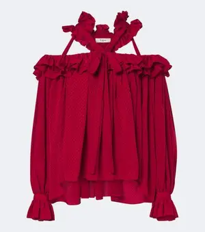 Chloé Cutout Ruffled Silk Jacquard Top - Red