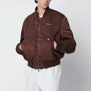 Off-White Zip-up Bomber Jacket In Technical Fabric - Brown