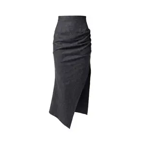 AVENUE N°29 Asymmetric Gathered Wool Midi Skirt Dark - Grey