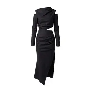 AVENUE N°29 Cut-out Asymmetric Wool Midi Dress - Black