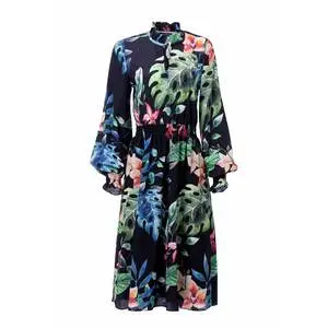 CARLOSLINES Front Neck Tie Smocked Waist Long Sleeve Midi Dress In Multi-colored Palms Print - Black