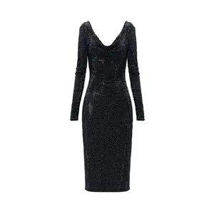 MONOSUIT Long Sleeve Cowl Neck Backless Sequin Bodycon Evening Midi Dress