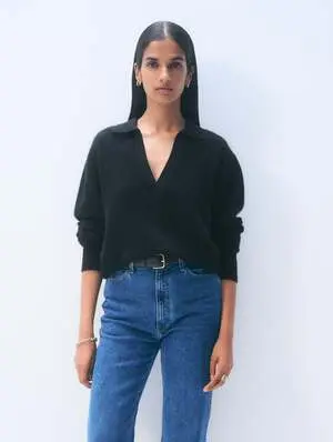 WHITE & WARREN Cashmere Polo Sweater In Size - Black