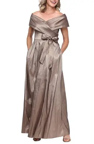 Alex Evenings Off The Shoulder Stretch Taffeta Gown - Bronze