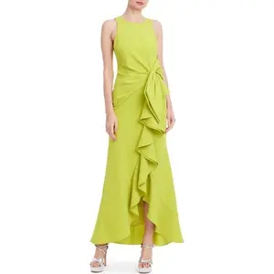 Badgley Mischka Bow Accent Ruffle High-low Gown - Chartreuse