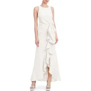 Badgley Mischka Bow Accent Ruffle High-low Gown Ivory