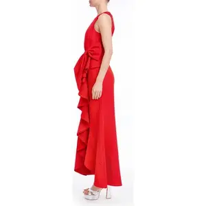Badgley Mischka Bow Accent Ruffle High-low Gown Red