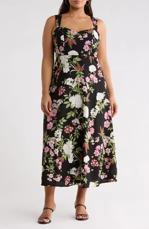 SUGARLIPS Sweetheart Neck Midi Dress - Black-white-multi