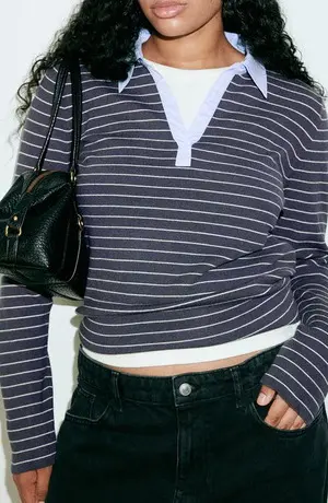 Mango Stripe Johnny Collar Polo Sweater - Medium Heather Grey