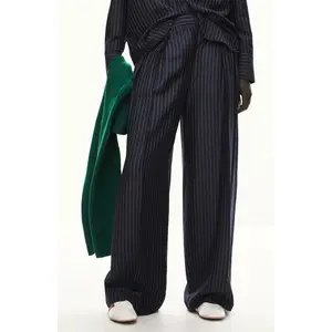 Mango Pinstripe Wide Leg Trousers - Navy