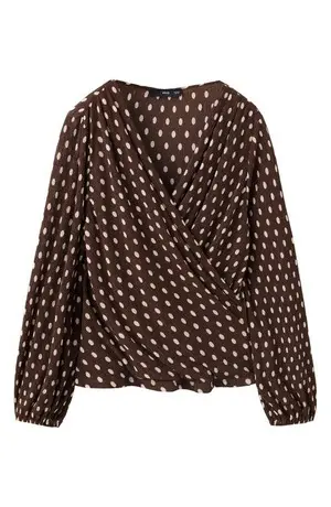 Mango Dot Print Pleated Wrap Top - Brown