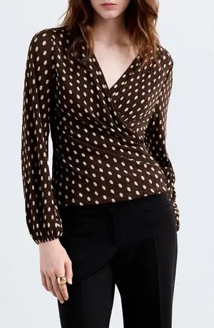 Mango Dot Print Pleated Wrap Top - Brown