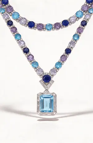 MODENAIRE Crystal Double Strand Y Necklace With Rectangular Pendant - Blue