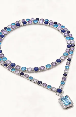 MODENAIRE Crystal Double Strand Y Necklace With Rectangular Pendant - Blue