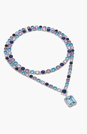 MODENAIRE Crystal Double Strand Y Necklace With Rectangular Pendant - Blue