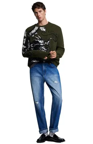 Desigual Contrast Waistband Distressed Straight Leg Jeans