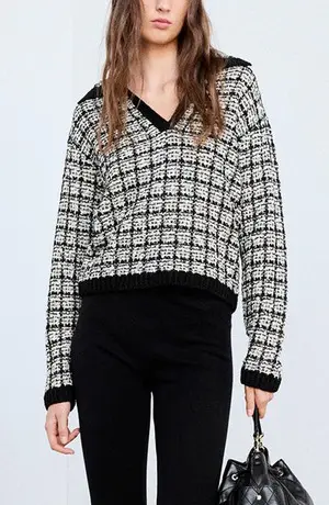 Mango Tweed Polo Collar Sweater - Black