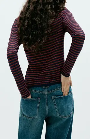 Mango Striped Metallic Thread Sweater - Navy