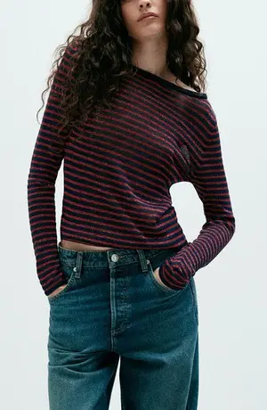 Mango Striped Metallic Thread Sweater - Navy