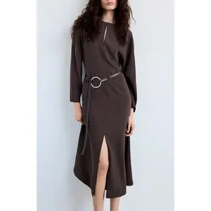 Mango Cutout Long Sleeve Midi Dress - Chocolate