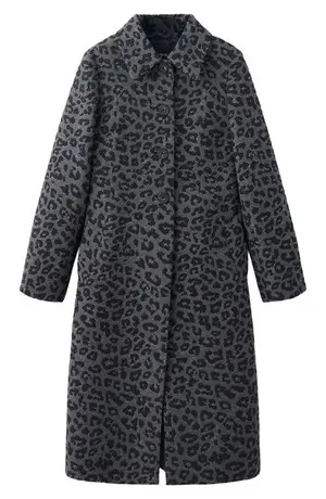 Mango Leopard Print Cotton Blend Long Coat - Grey