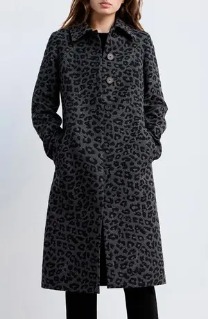 Mango Leopard Print Cotton Blend Long Coat - Grey