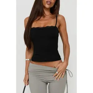Princess Polly Sienah Ribbed Lace Cami Top - Black