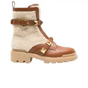Valentino Garavani Wmns Roman Stud 40mm Combat Boot Sherpa - Brown