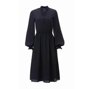 CARLOSLINES Front Neck Tie Smocked Waist Long Sleeve Midi Dress In Solid - Black