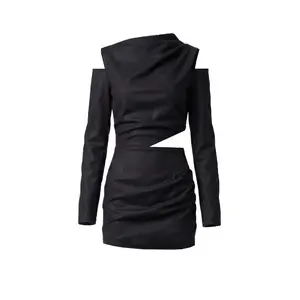 AVENUE N°29 Cut-out Asymmetric Wool Mini Dress - Black