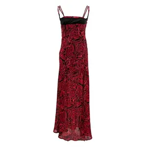 JANARA JONES Lava Print Chiffon Straight-neck Bias-cut Slit Maxi Dress - Red/black