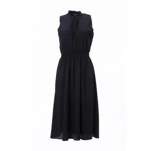 CARLOSLINES Sleeveless Smocked Waist Tie Front Dress With Pockets In Solid - Black