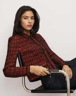 Veronica Beard Blanche Knit Tweed Jacket - Cardinal Red Multi