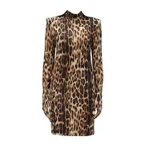 MONOSUIT Viscose Animal Long Sleeve Turtleneck Bodycon Shoulder Pad Party Futuristic Mini Dress With Gloves - Brown